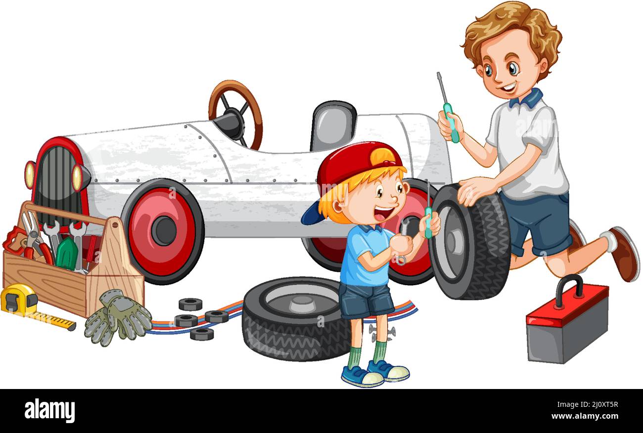 Dad and son repairing a car together illustration Stock Vector Image ...