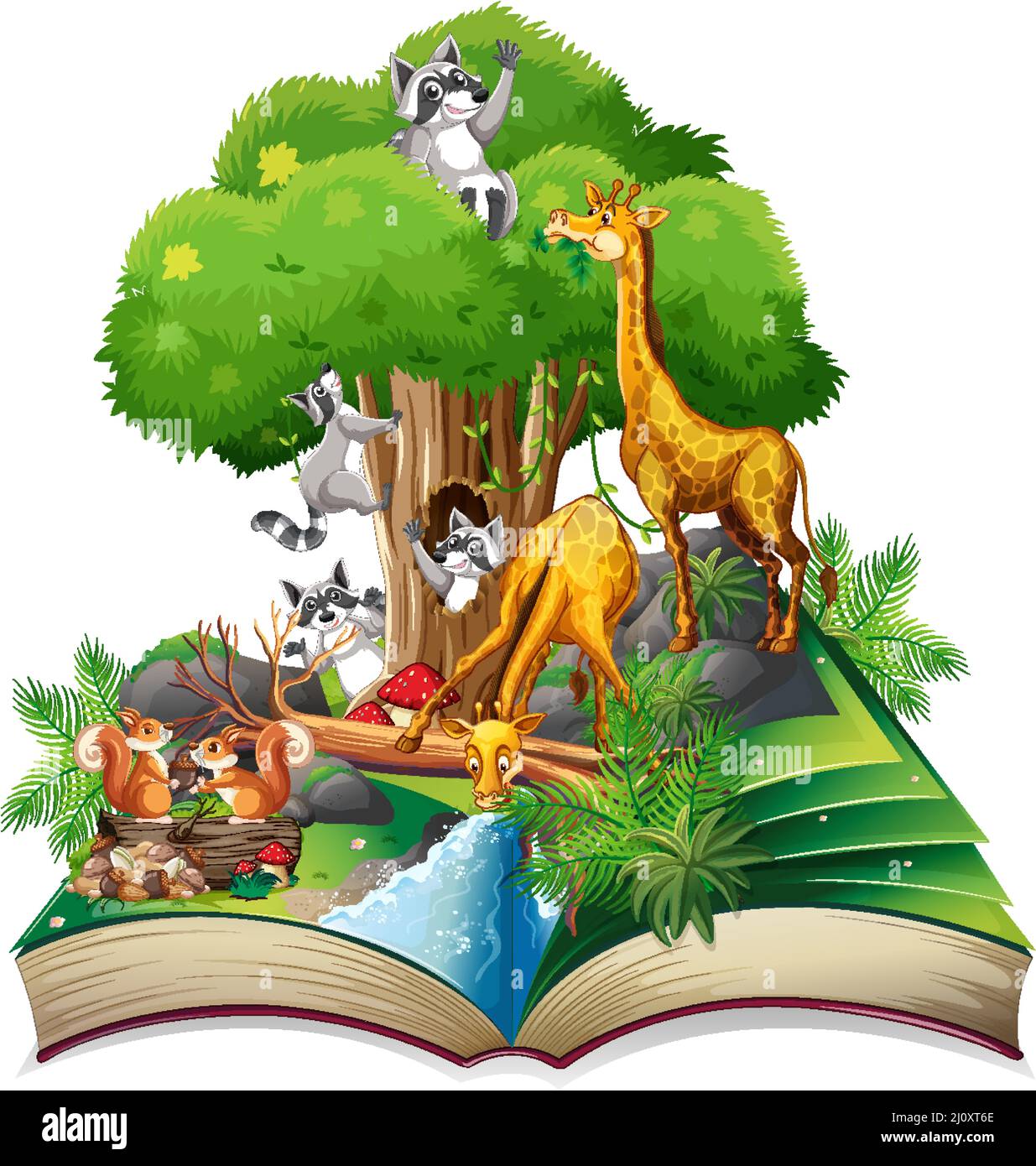 Open book forest theme with animal on white background illustration ...
