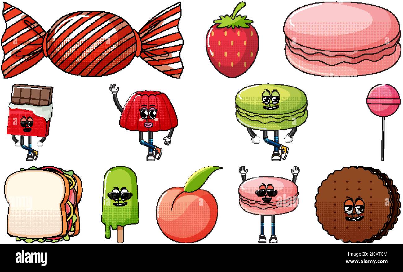 Set of facial expression with vintage style food cartoon on white ...