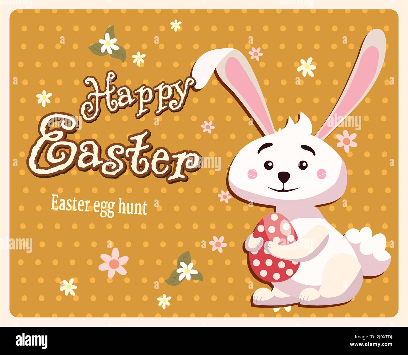 Happy Easter banner retro. Greeting card with rabbit, bunny, egg ...