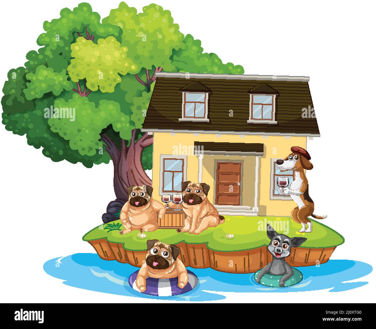 Outdoor house scene with domestic animals cartoon illustration Stock ...