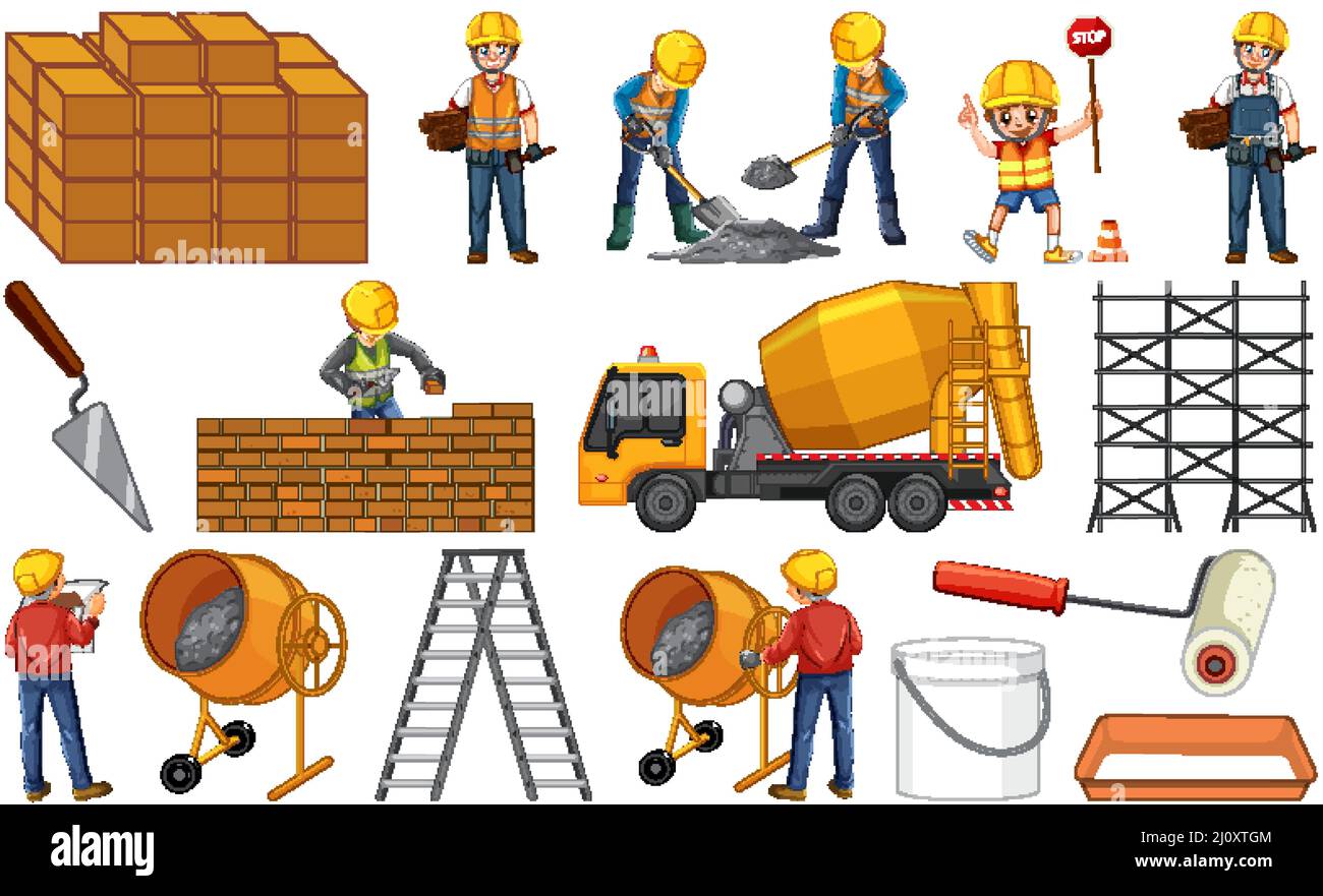Construction worker set with man and tools illustration Stock Vector ...