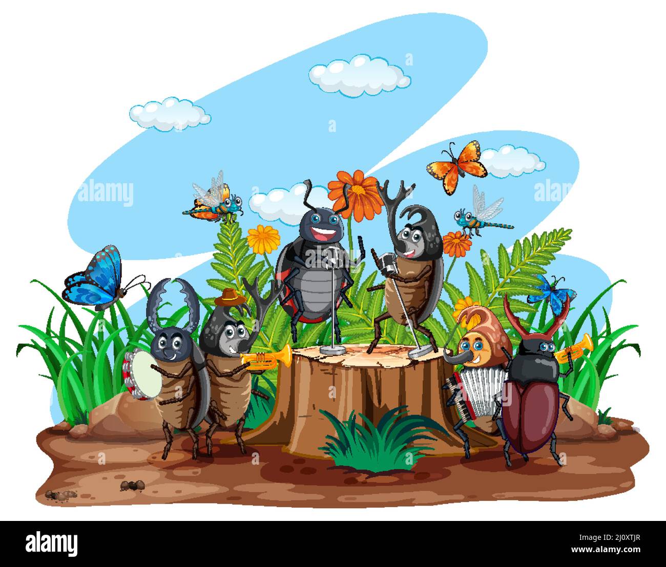 Happy insect in nature fairy tale scene illustration Stock Vector Image ...