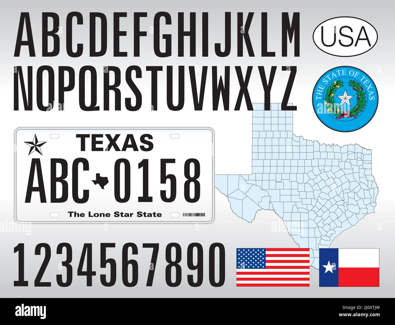 Texas state car license plate, letters, numbers and symbols, vector ...