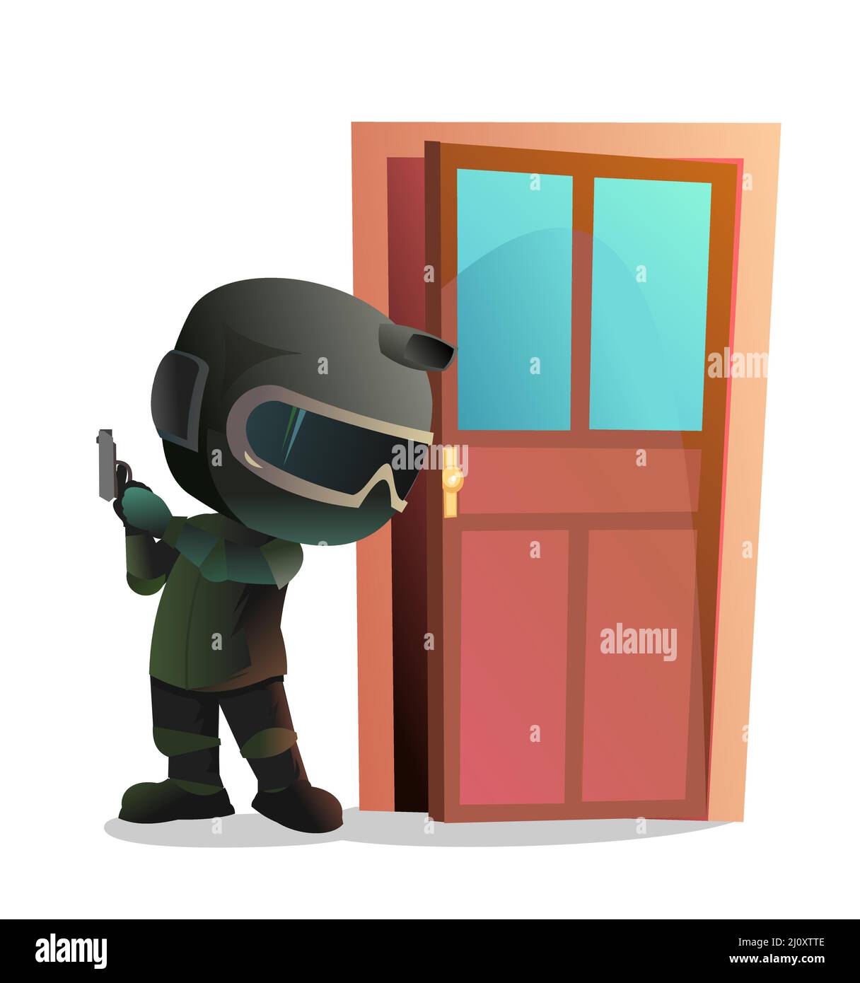 Special Forces Warrior prepared for attack near door. Comic funny ...