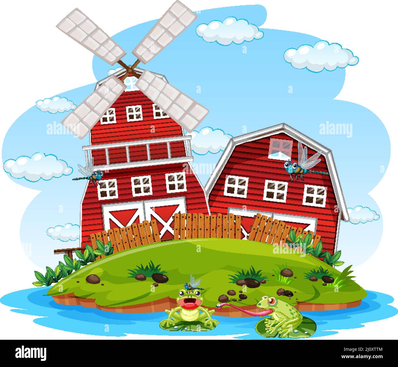 Farm scene with two red barns illustration Stock Vector Image & Art - Alamy