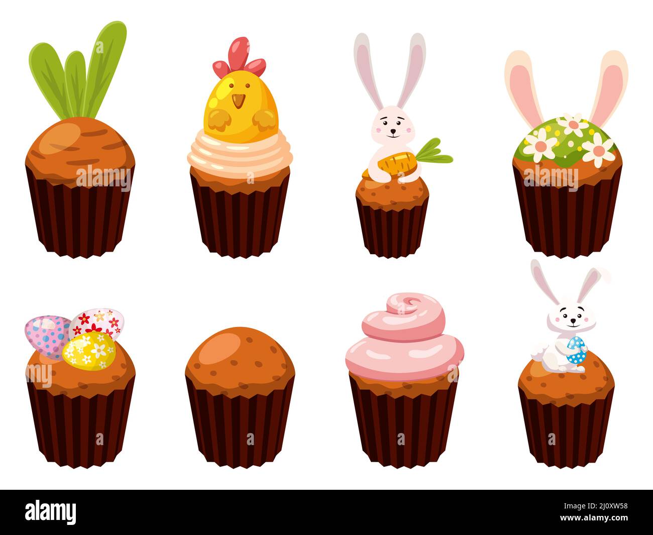 Set of Easter sweets cupcakes, eggs, bird, bunny, candies, cake ...