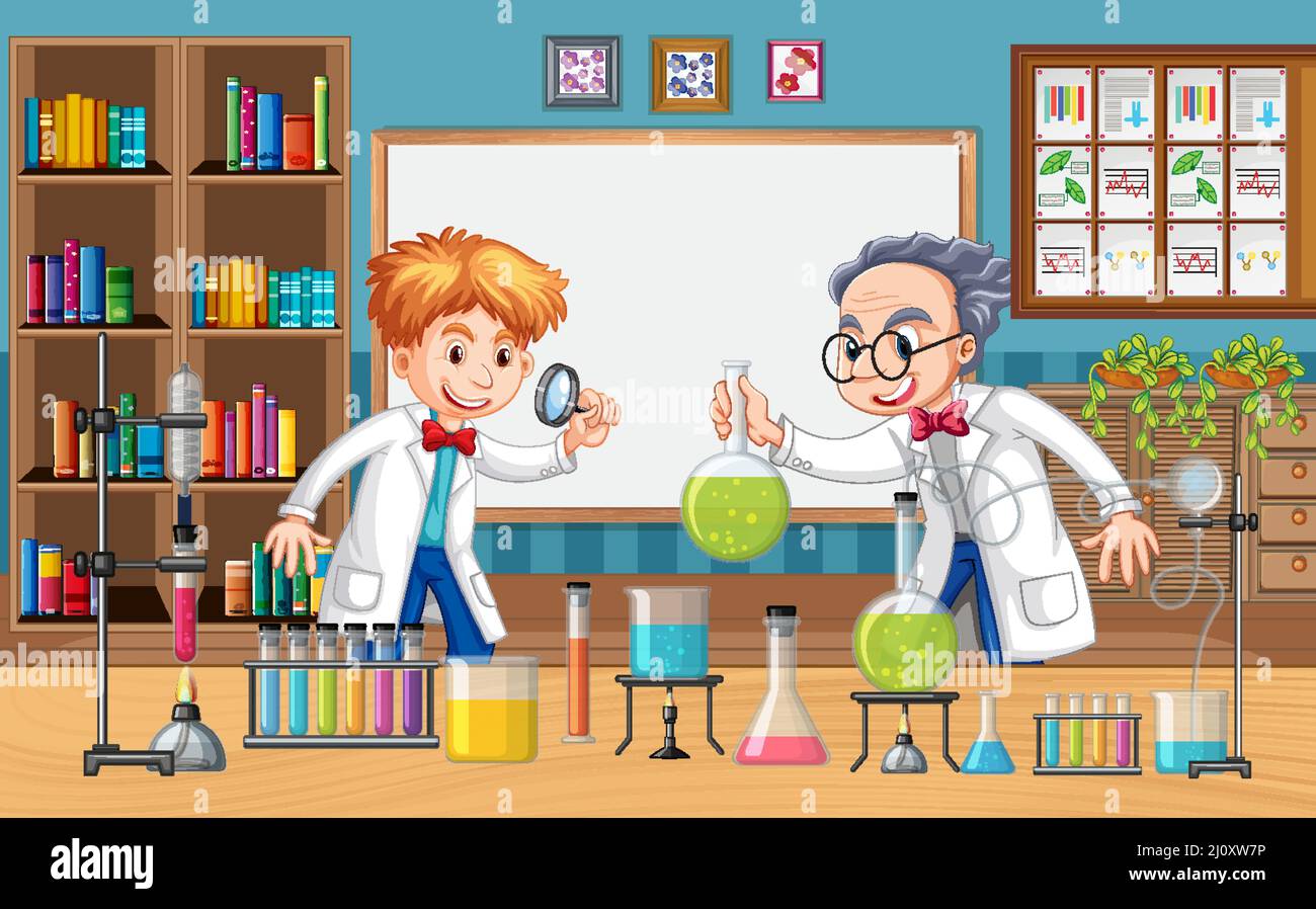 Laboratory scene with scientist cartoon character illustration Stock ...