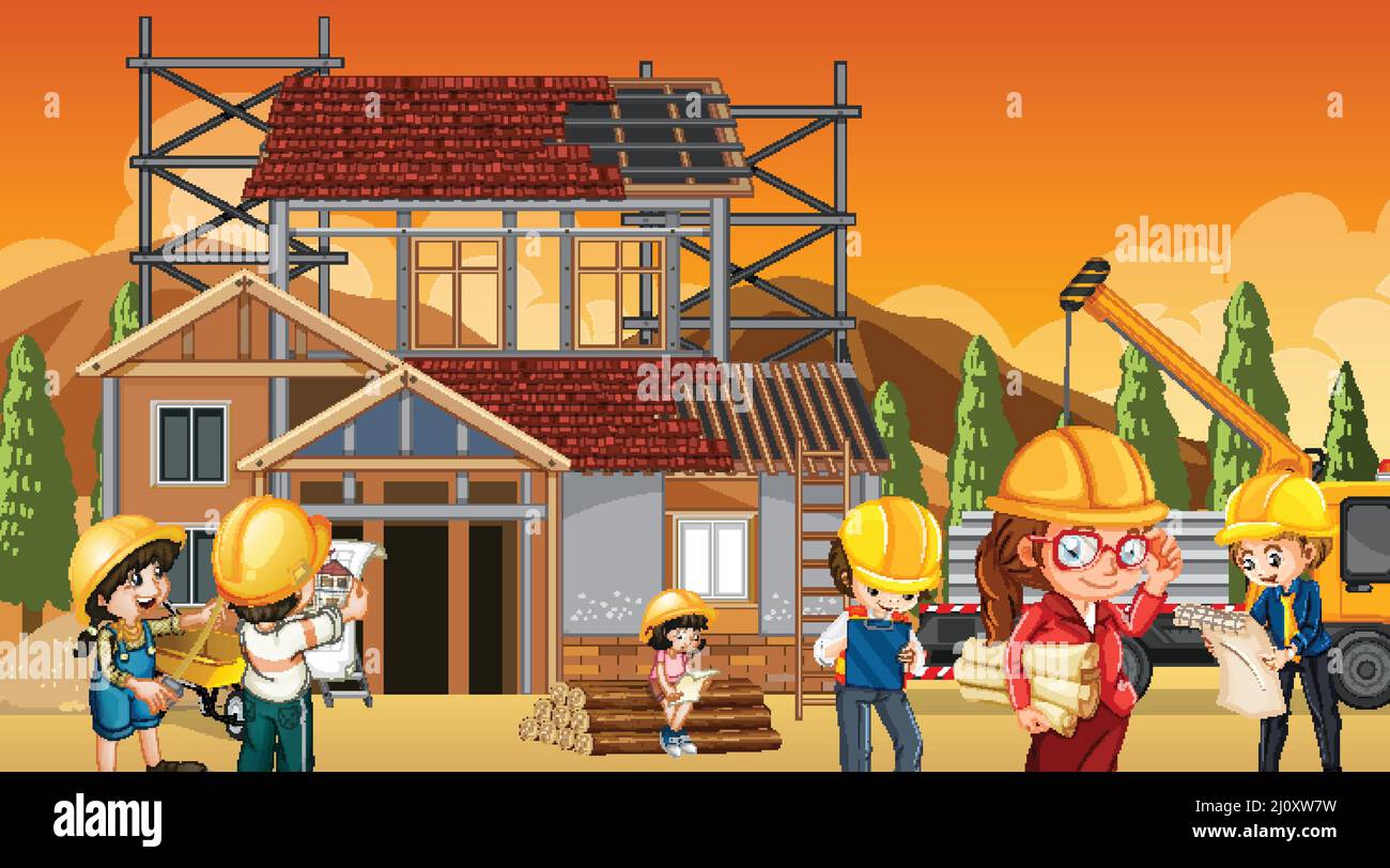 Building house construction site and workers illustration Stock Vector ...
