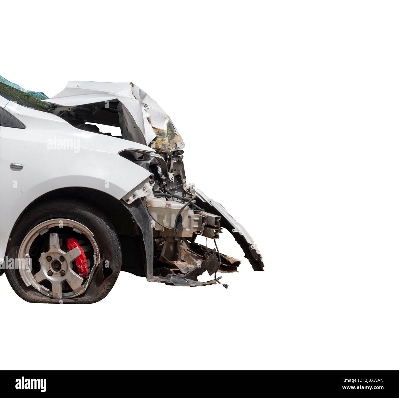 Front of white color car damaged and broken by accident on road parking ...