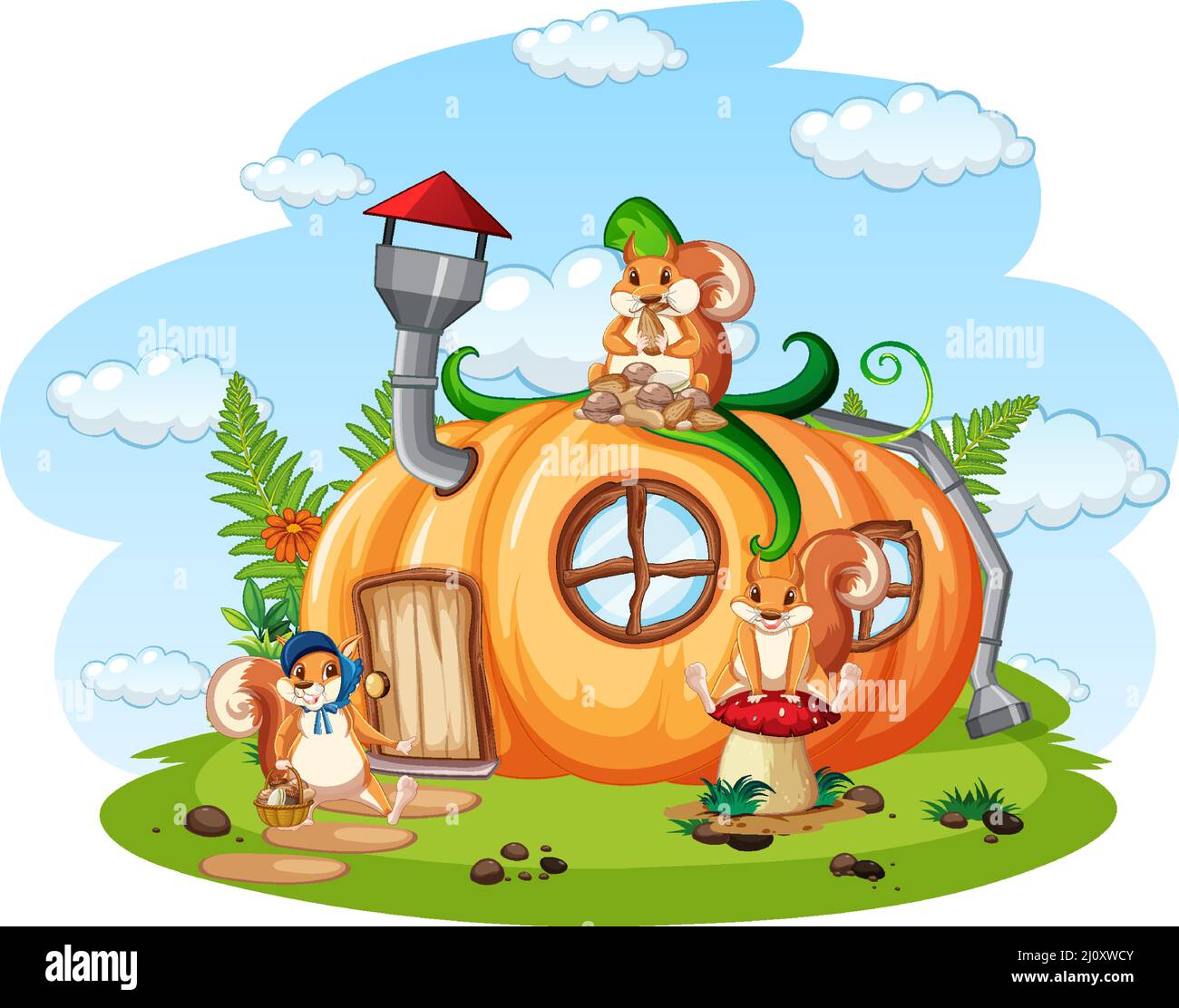 Three squirrels at pumpkin house illustration Stock Vector Image & Art ...