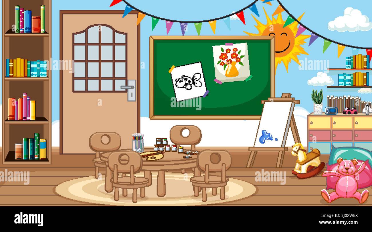 Scene with books and board in class illustration Stock Vector Image ...