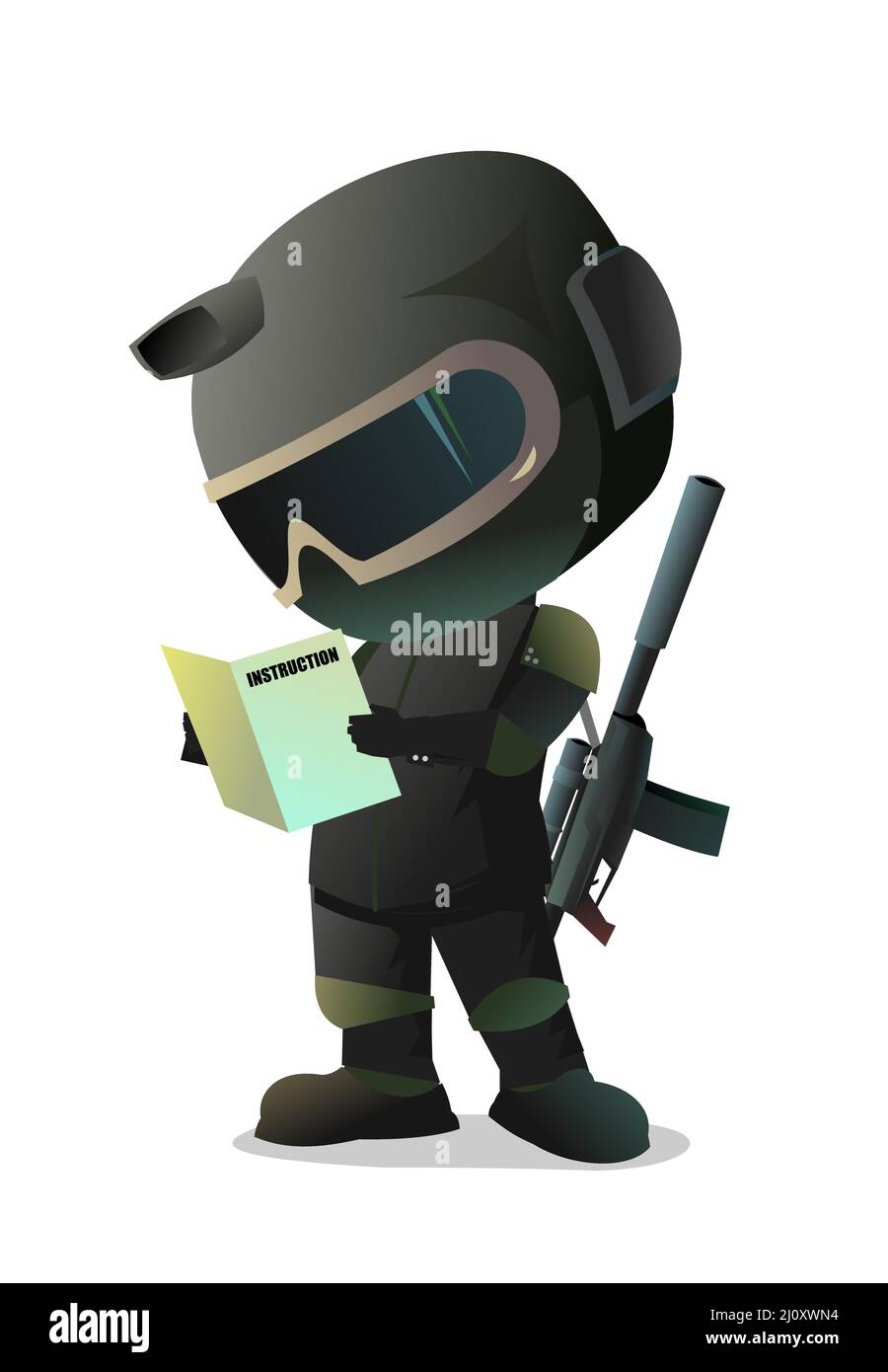 Special Forces Warrior studying instructions. Comic funny character ...