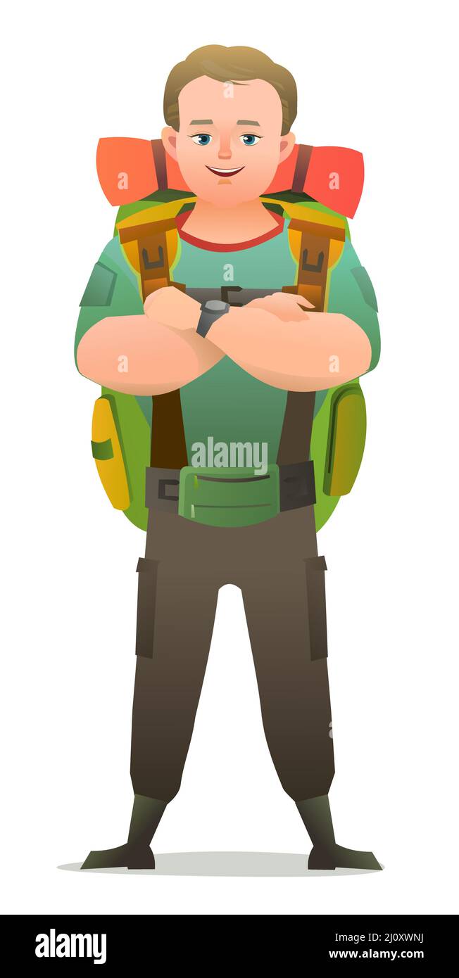 Little boy tourist backpacker. Teen with backpack on his back. Cheerful ...