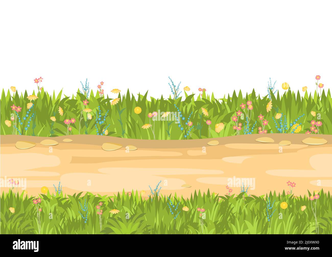 Seamless sand road. Horizontal border composition. Summer meadow ...