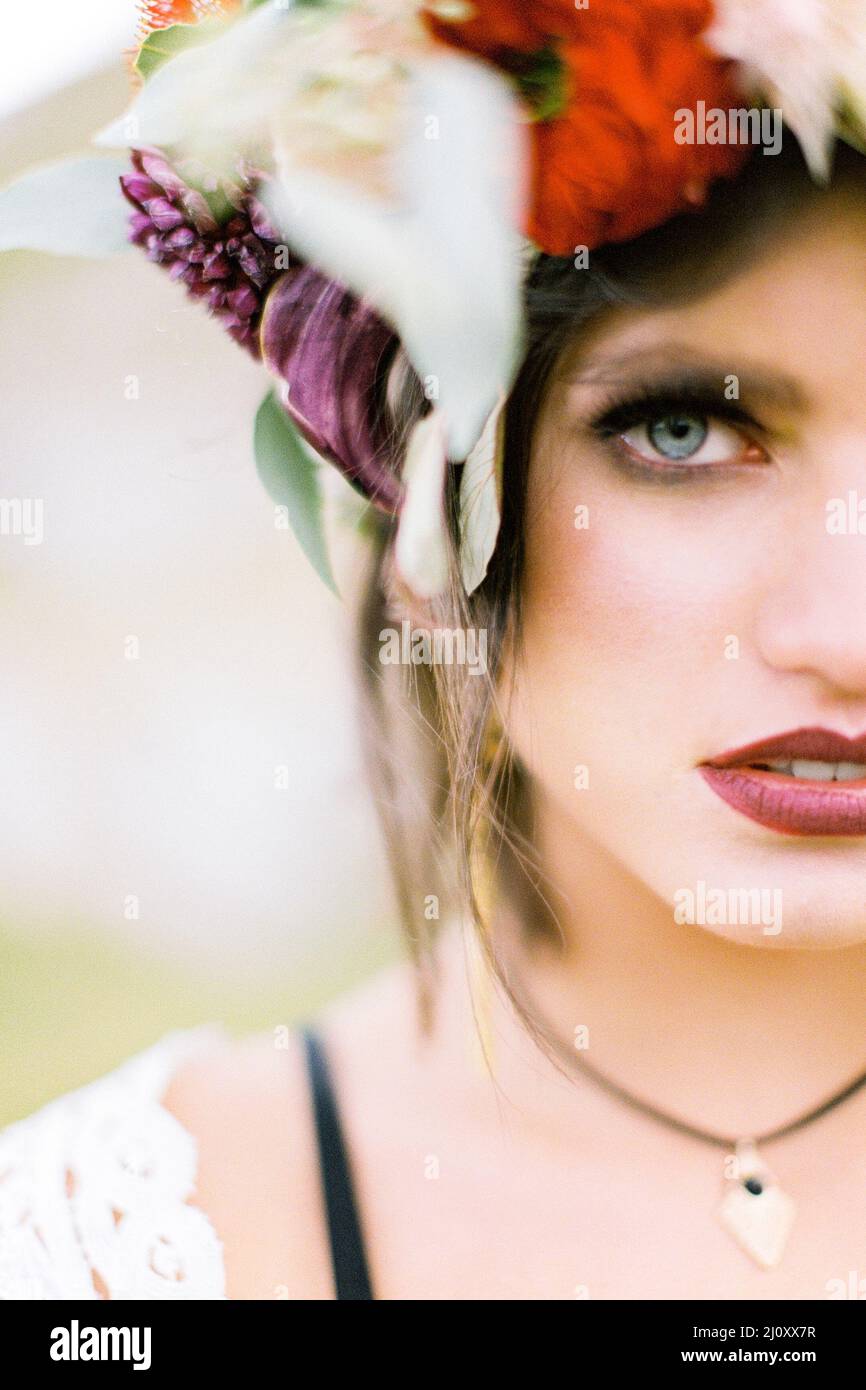 Bride face in a wreath with dark makeup. Portrait Stock Photo - Alamy