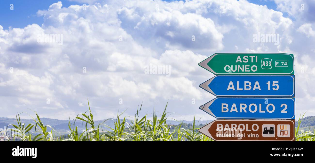 Barolo village road sign, Unesco site, Italy Stock Photo - Alamy