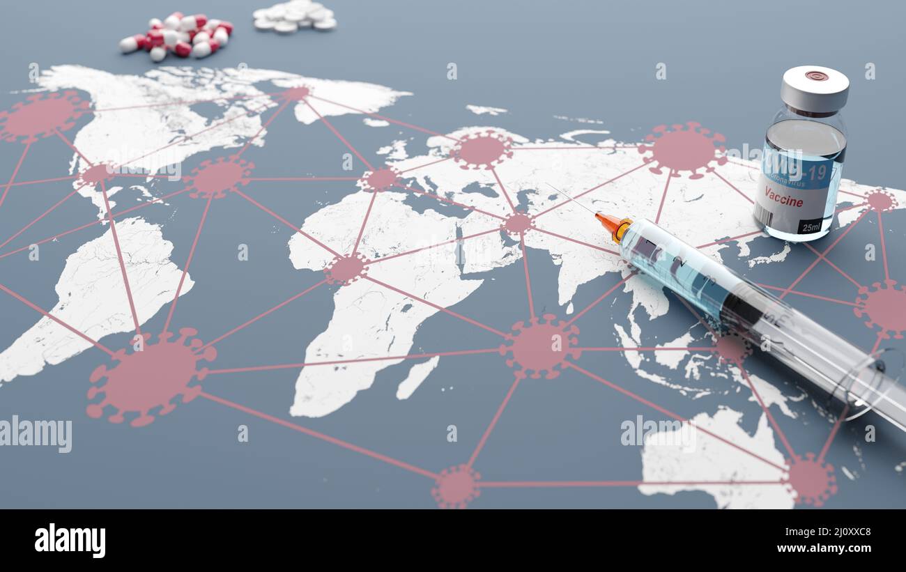 Medical syringe with a needle vaccinated the planet Earth. 3D rendering ...