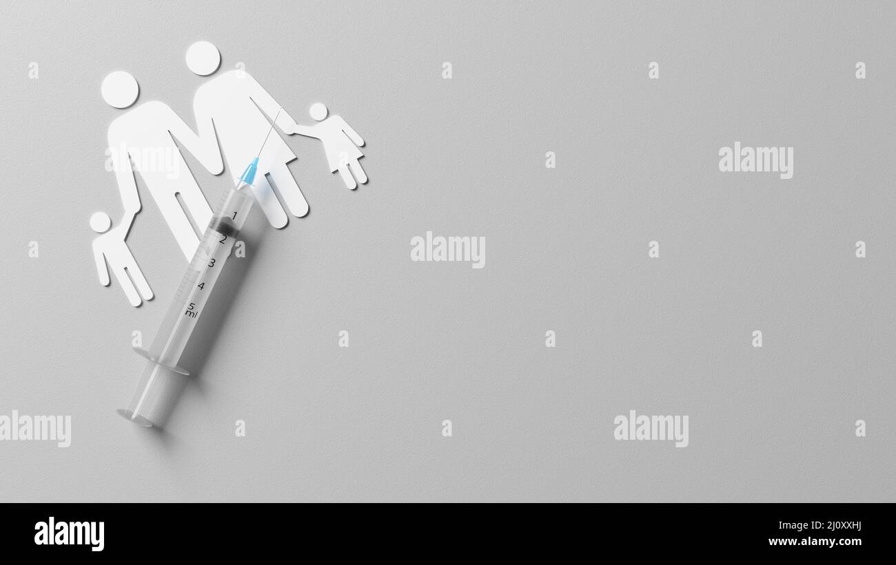 Medical syringe with a needle for family vaccination. 3D Rendering ...