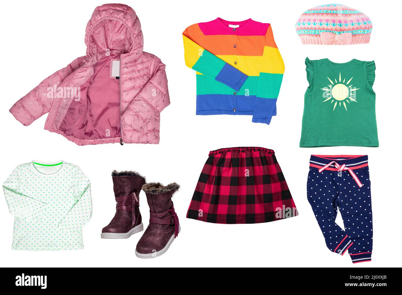 Collage set of little girl spring clothing isolated on a white ...