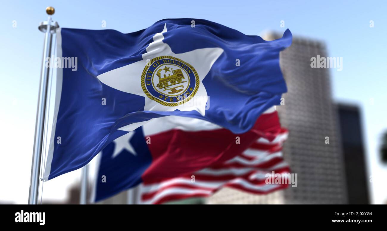 Houston city flag waving in the wind with Texas state and United States ...
