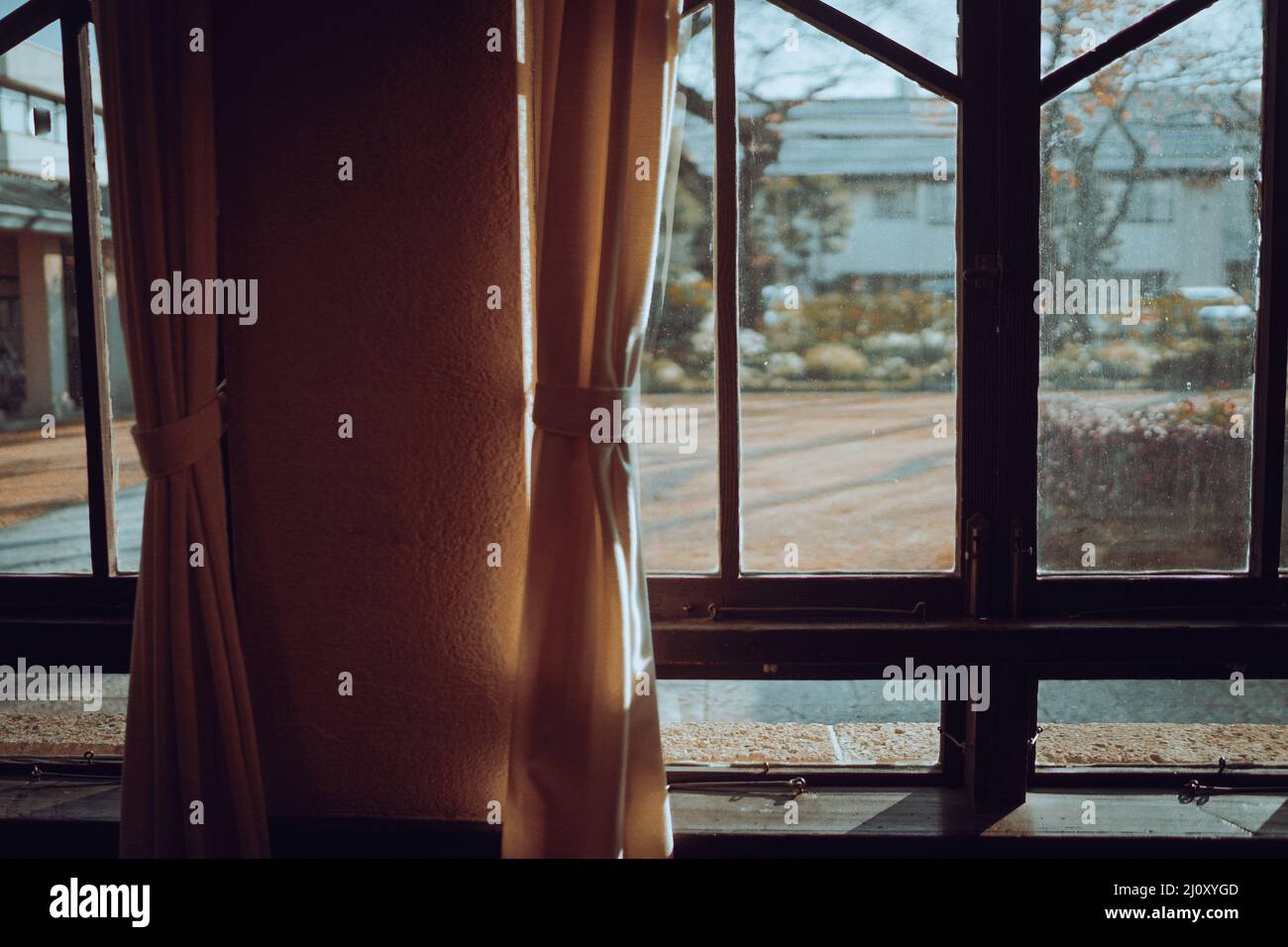 Garden seen from retro window Stock Photo - Alamy