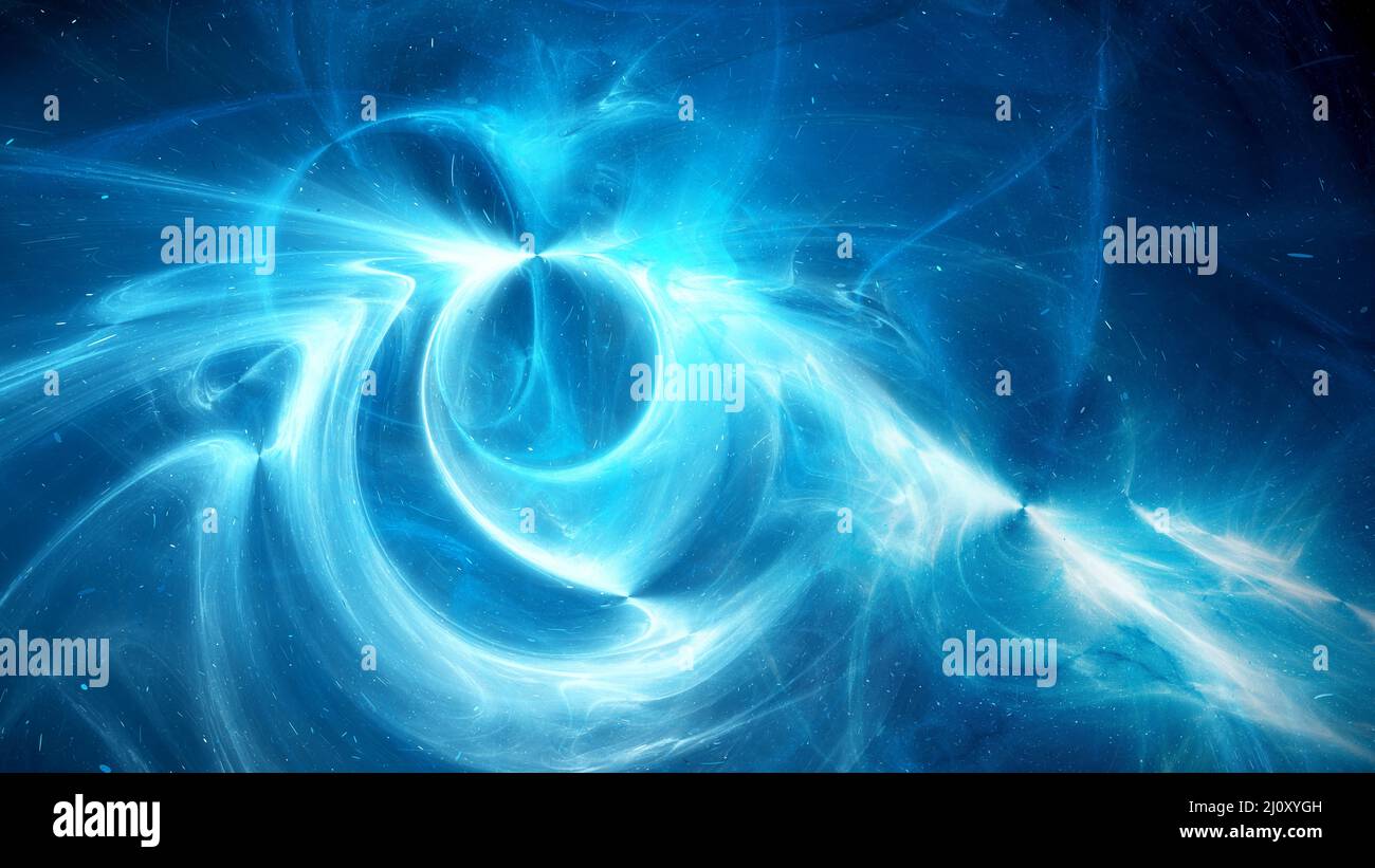 Blue glowing high energy plasma field at gargantua in space, computer generated abstract ...