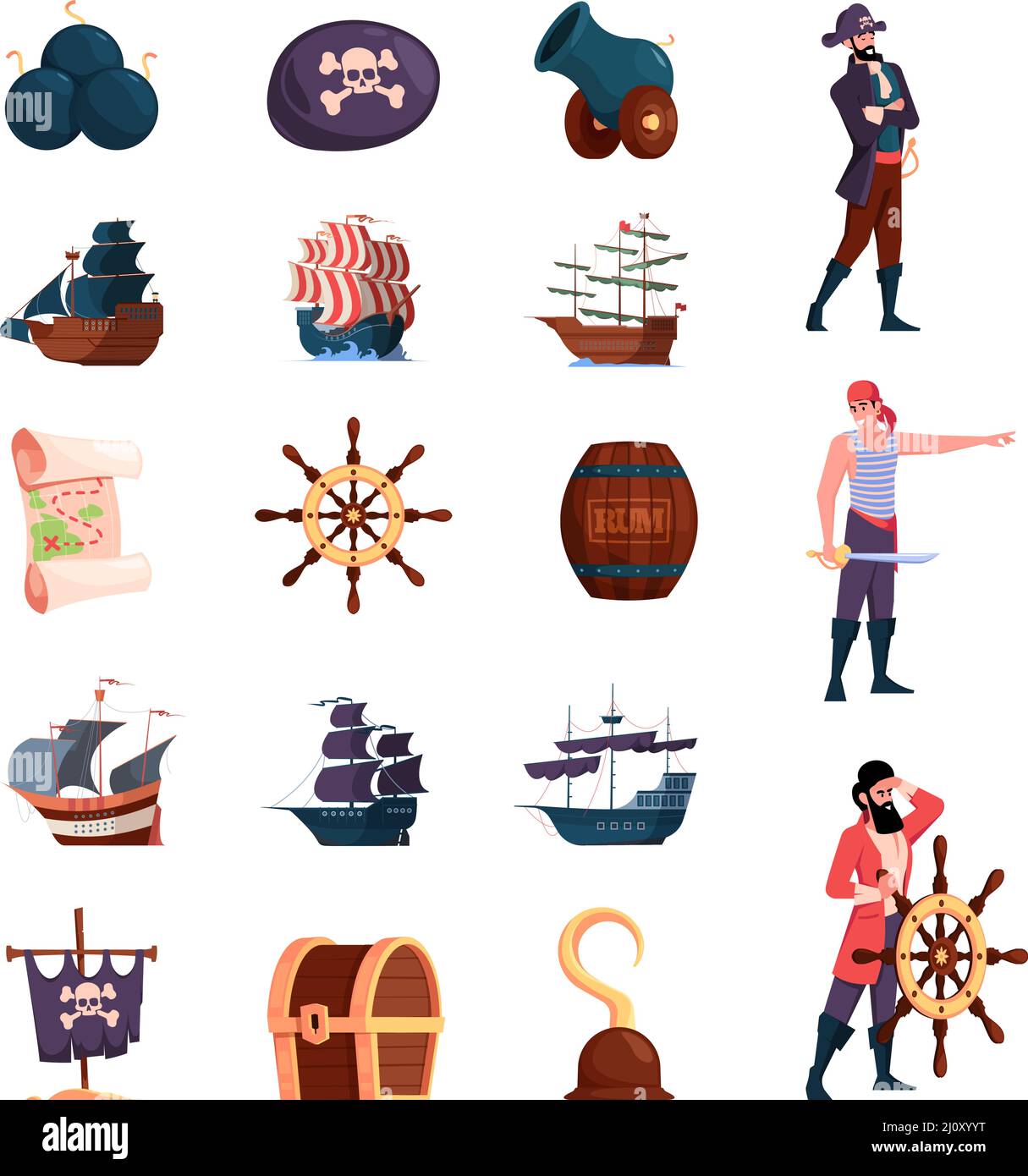 Pirate characters. Old style wooden pirate battleship and aggressive ...