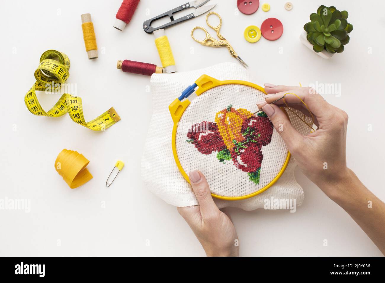 Hands sewing cute fruit design white background. High quality photo ...