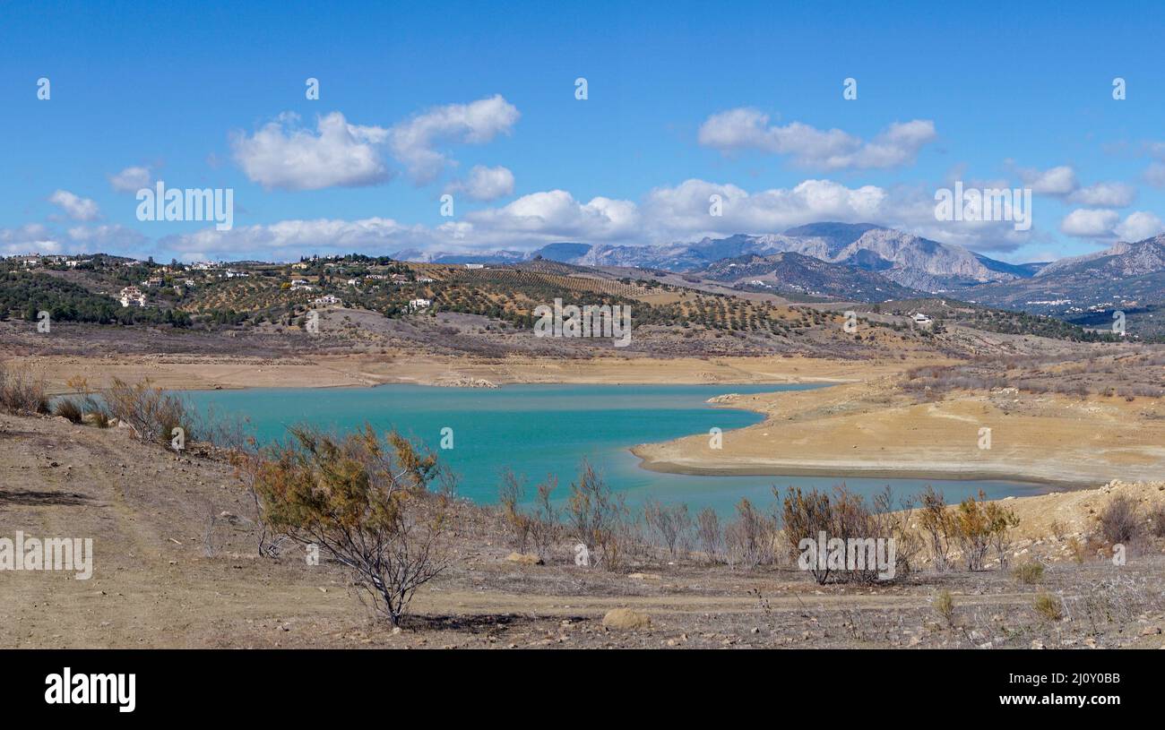 Panorama view of Lake Vinuela in the backcountry mountains of Malaga ...