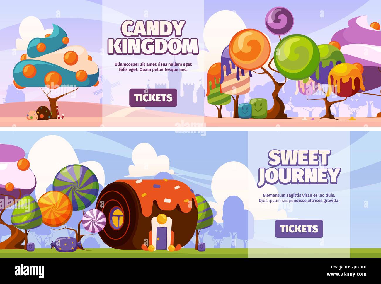 Sweets banners. Fairytale dessert trees cakes with caramel and sugar ...