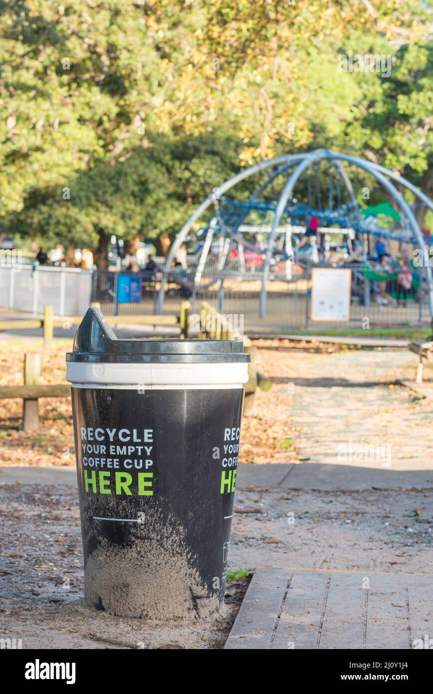 A recycling bin in the shape of a takeaway coffee cup at Balmoral Beach ...