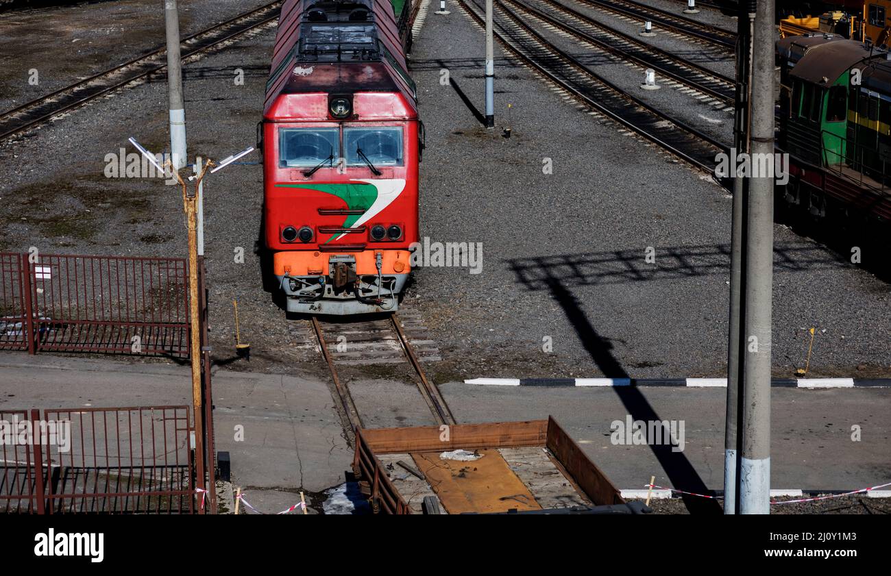 Train engines pulling trains. railway cargo transportation. logistics ...