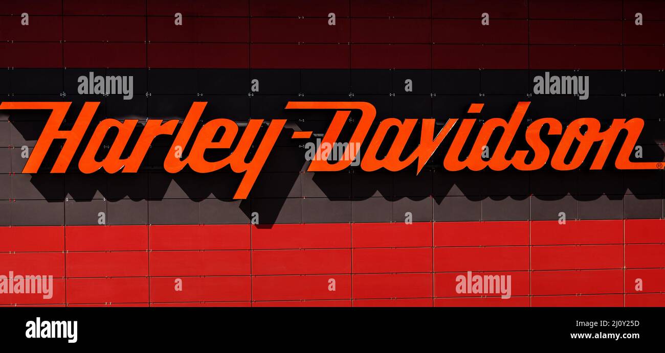 Minsk, Belarus, March 2022 - Harley Davidson logo on the wall of the ... Minsk, Belarus, March 2022 - Harley Davidson logo on the wall of the ...