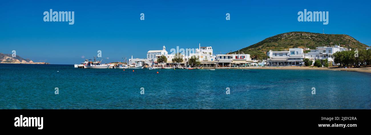 The beach and fishing village of Pollonia in Milos, Greece Stock Photo ...