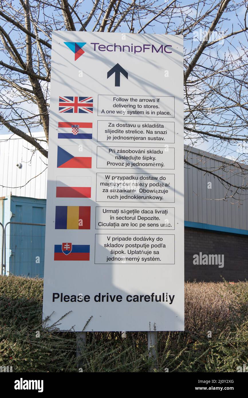 Sign at Technip FMP, Walker, UK uses 6 languages, illustrating ...