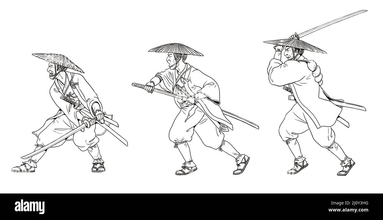 Japanese warrior Ashigaru in attack. Samurai digital illustration Stock ...