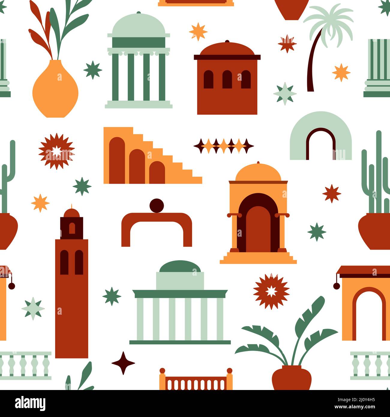 Flat architecture seamless pattern. Arches and stairs, contemporary ...