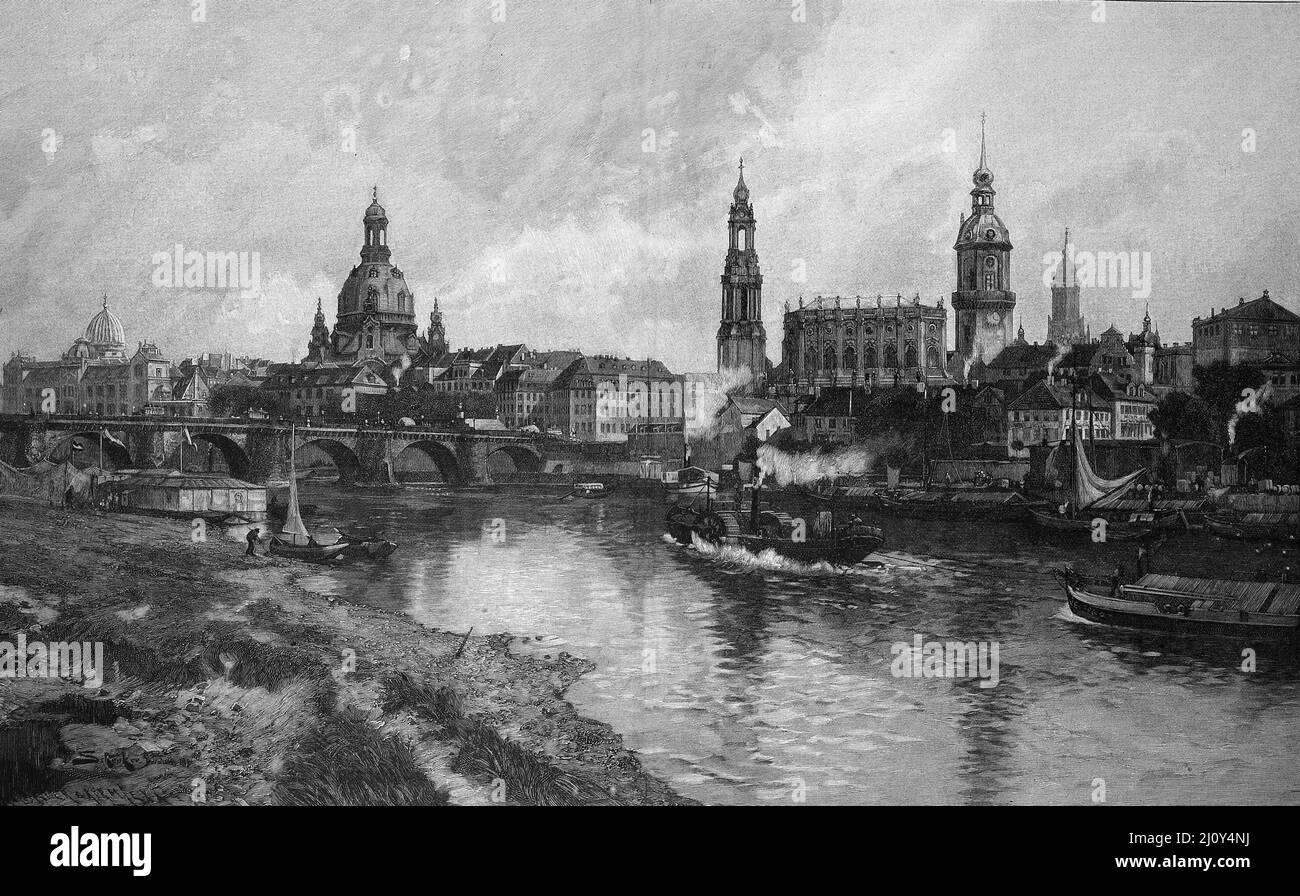 Dresden im Jahre 1880, vom Palais aus über die Elbe gesehen, mit ...