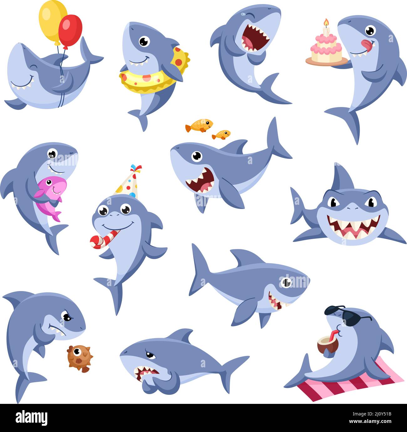 Cute sharks set. Underwater sharks, marine cartoon animals. Sea danger ...