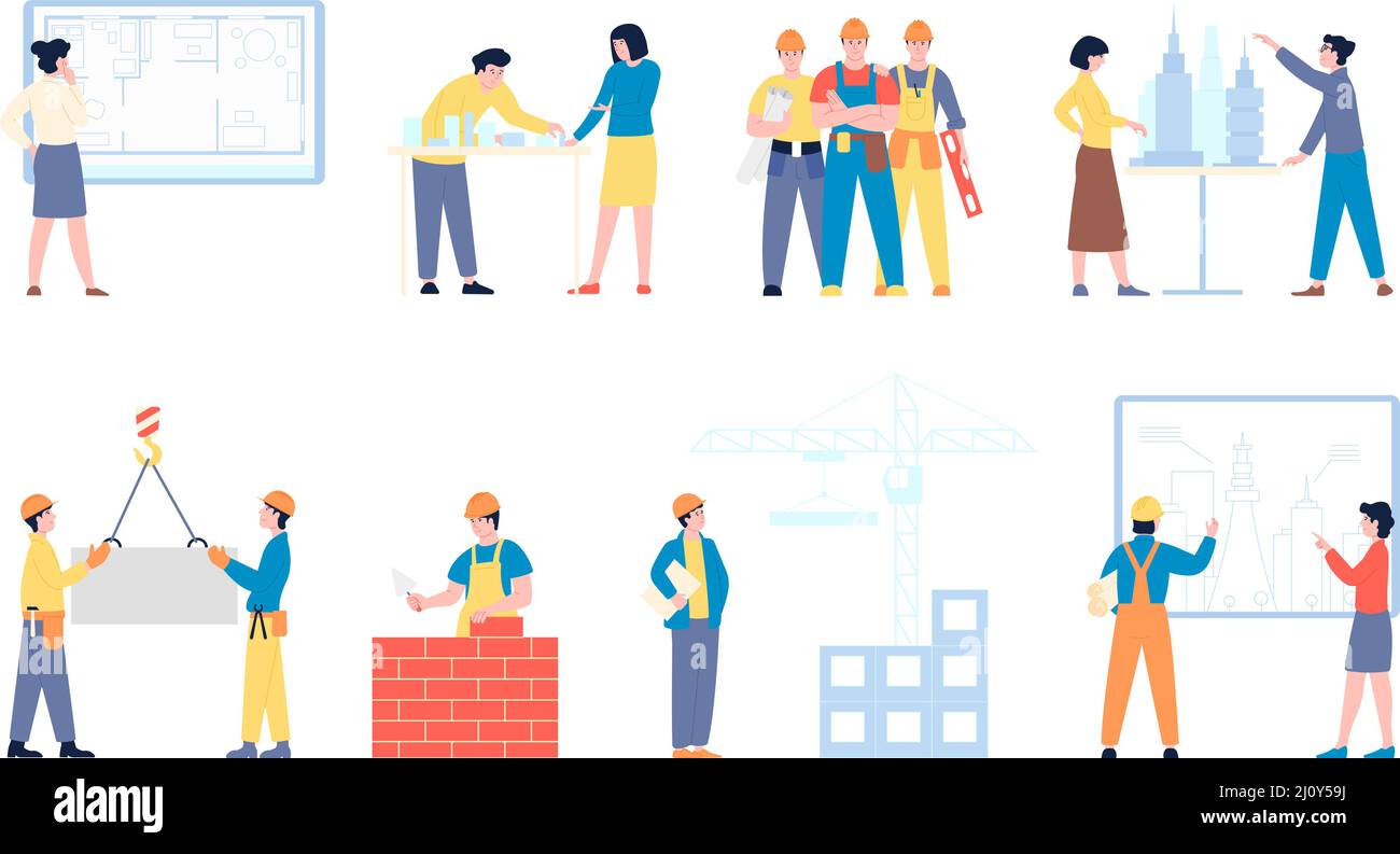 Architect builder characters. Workmen, woman in architecture and flat ...