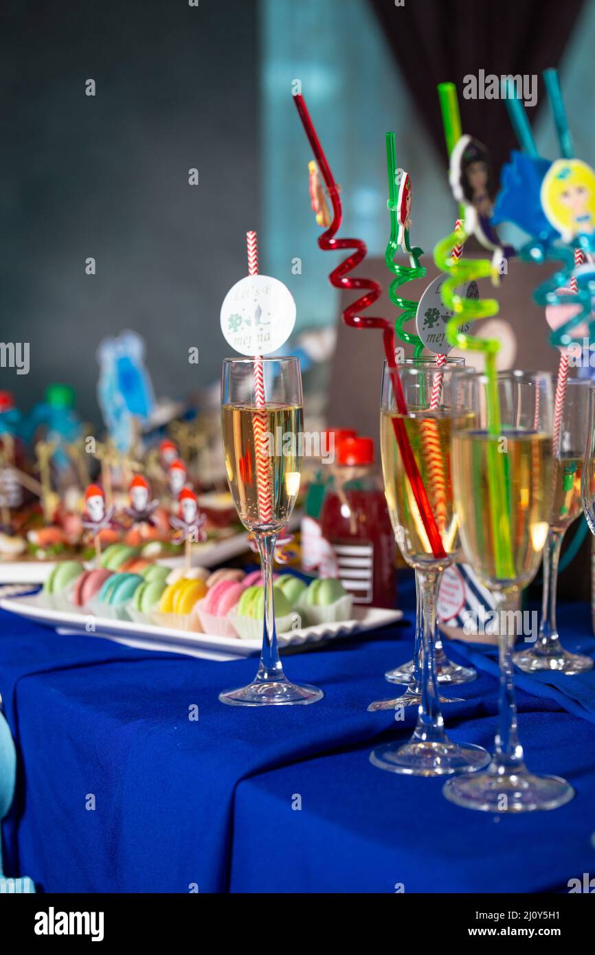 children's lemonade with colorful tubes on a blue candy bar Stock Photo ...