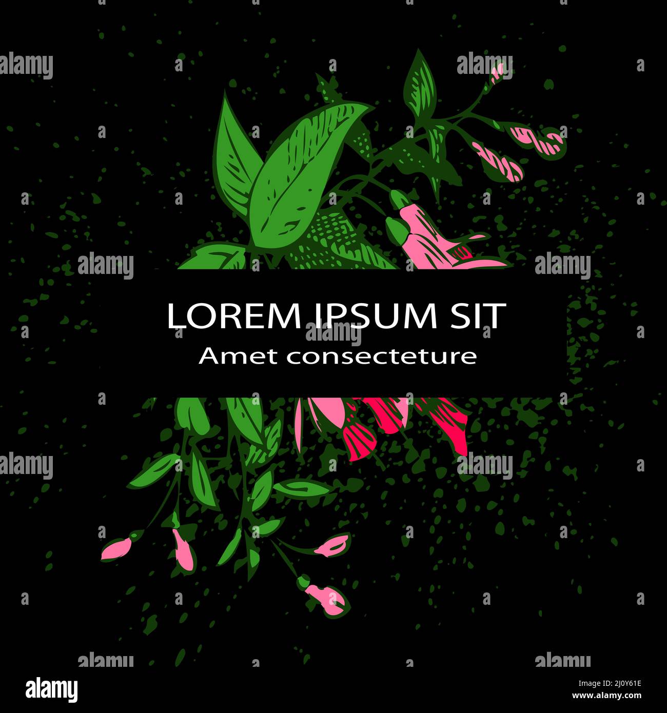 Attractively arranged bunch of flowers on black bacground. Drawn ...