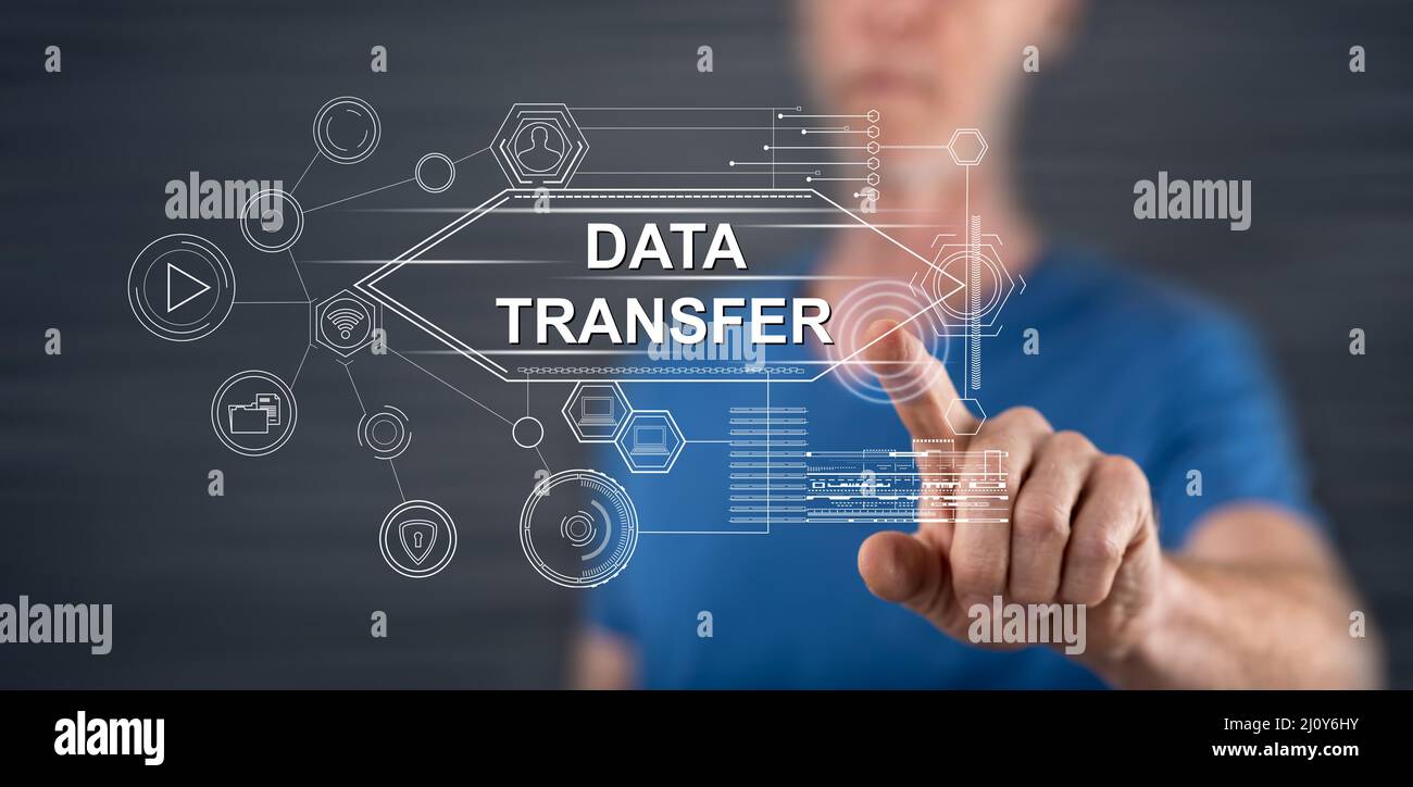 Man touching a data transfer concept on a touch screen with his finger ...