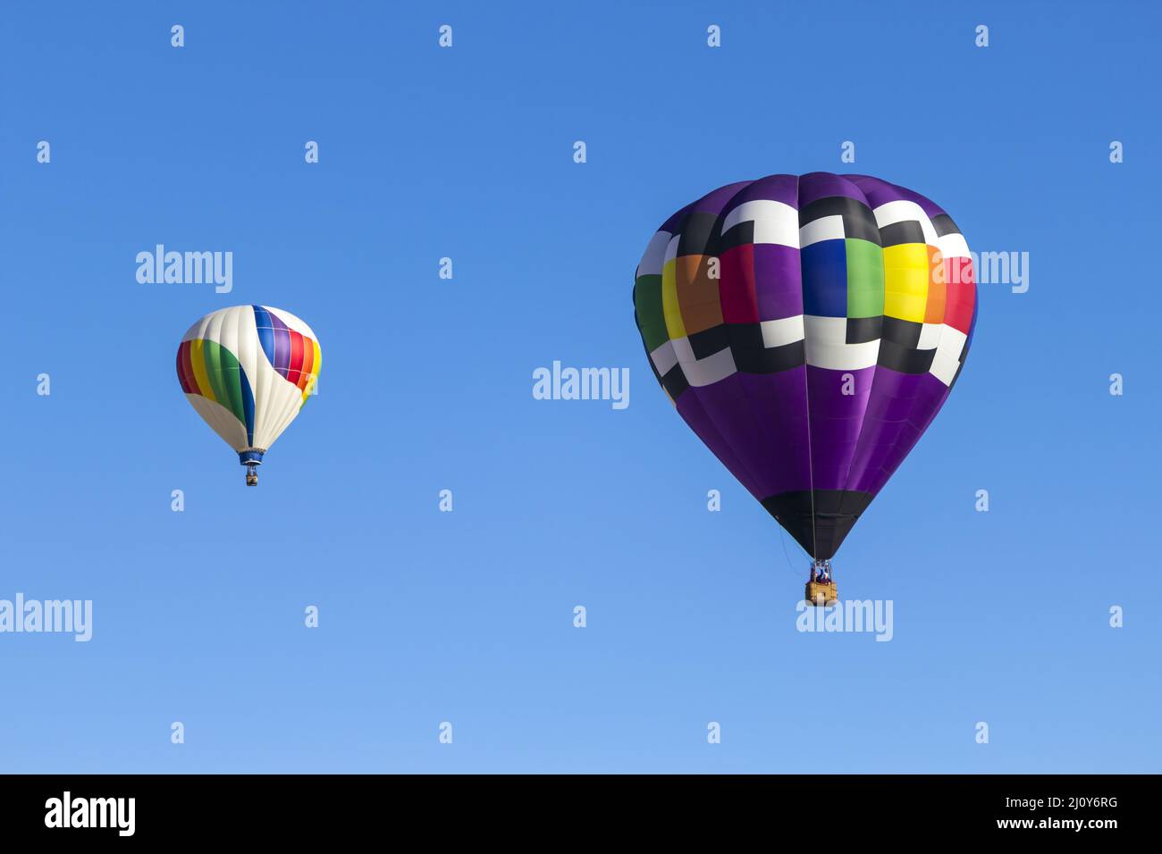 Aerial view of hot air balloons in the bright sky in Albuquerque, USA ...
