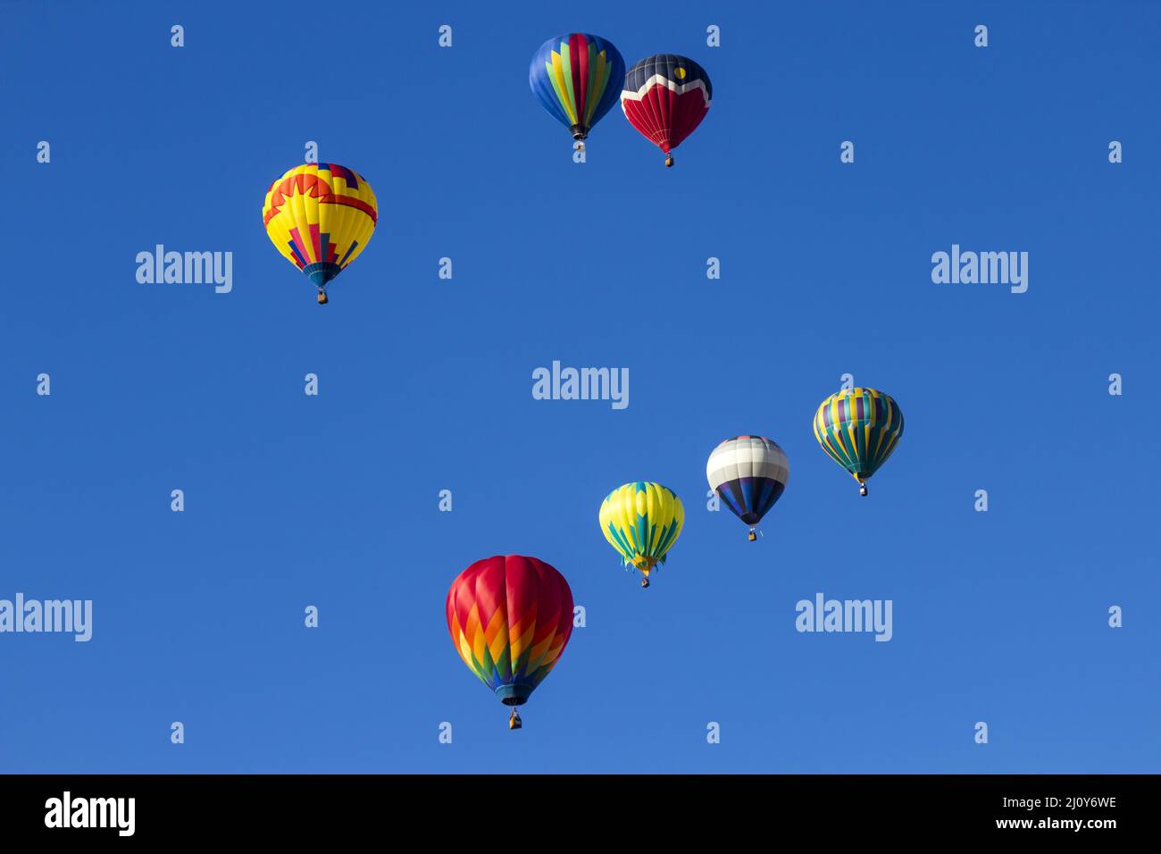 Aerial view of hot air balloons in the bright sky in Albuquerque, USA ...