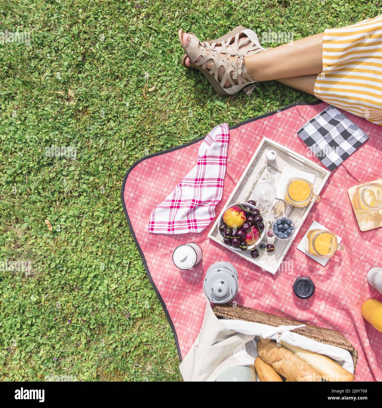 Overhead view woman s leg breakfast picnic green grass. High quality ...