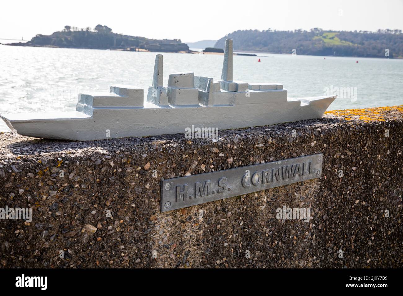 Model of HMS Cornwall on a wall in Plymouth, Devon,UK Stock Photo - Alamy