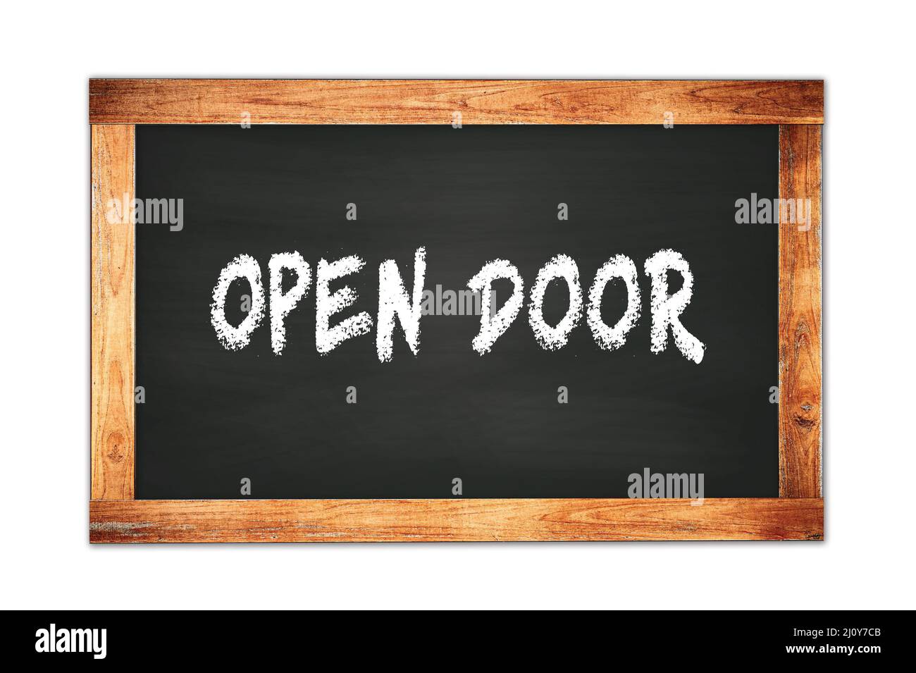 OPEN DOOR text written on black wooden frame school blackboard Stock ...