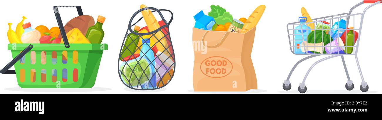 Cartoon grocery baskets. Supermarket boxes, plastic cart shop trolley ...